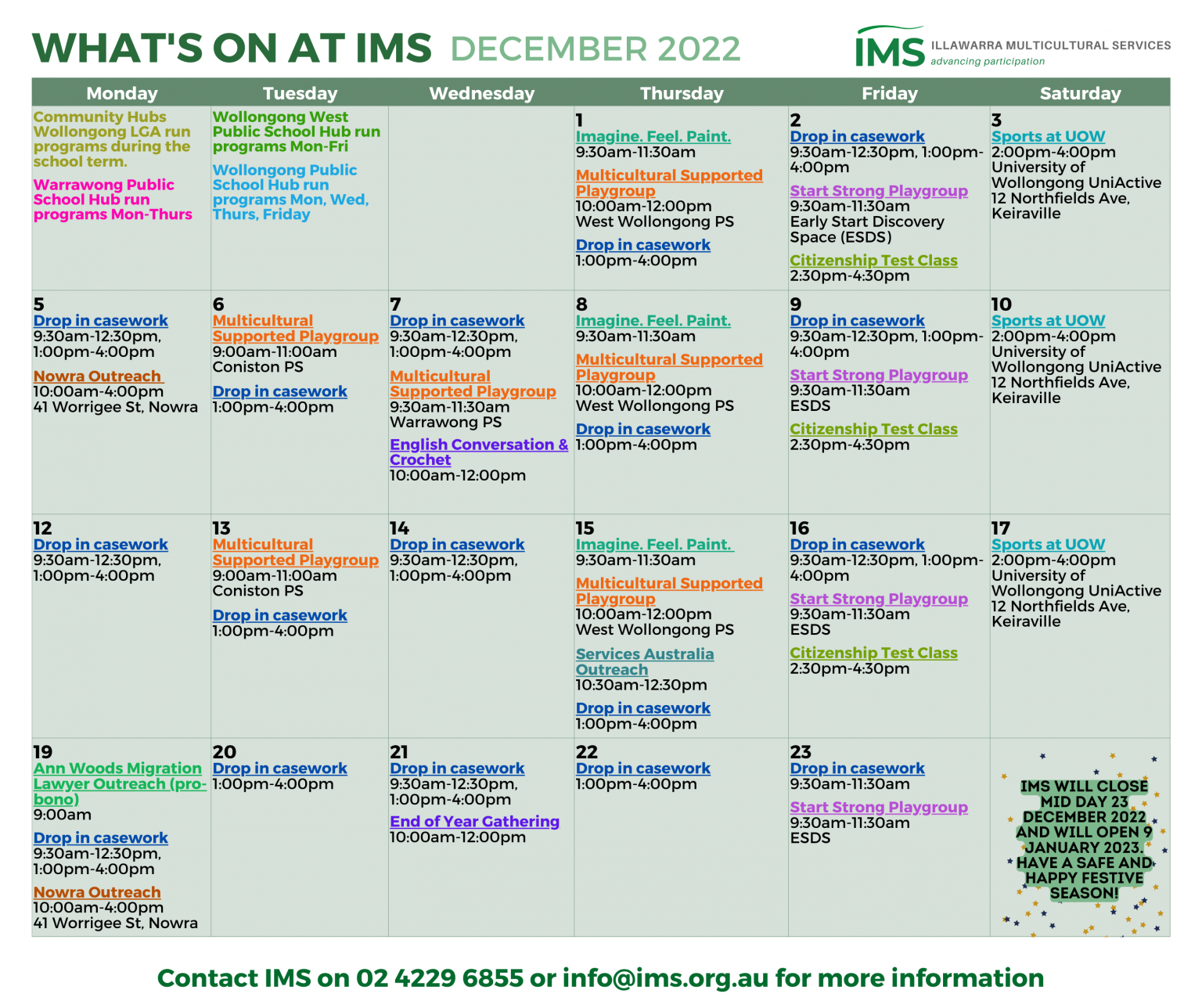 Calendar of Events – December – Illawarra Multicultural Services